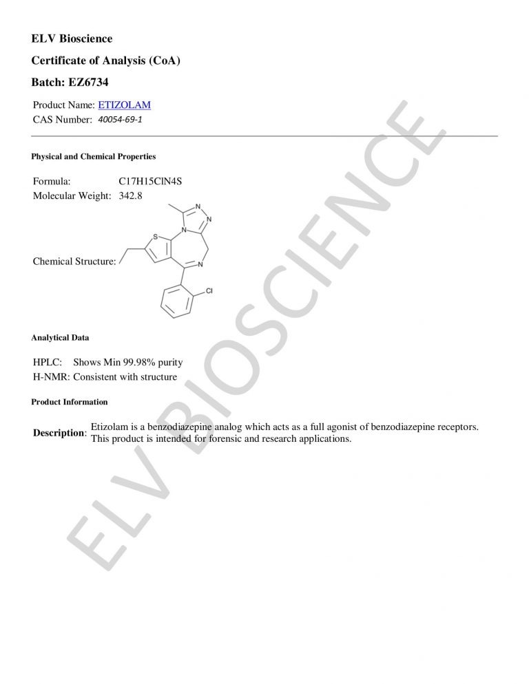 ETIZOLAM Certificate of Analysis – ELV BIOSCIENCE
